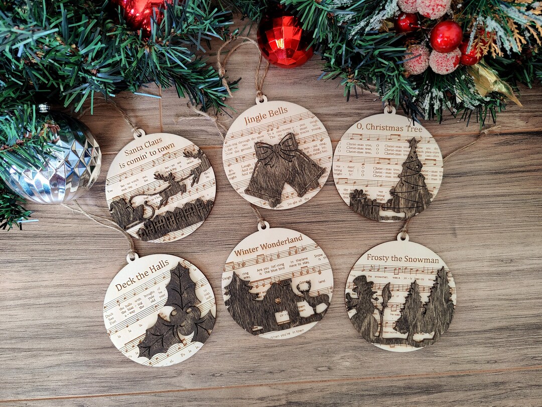 Vintage Wooden Rustic Christmas Ornaments Sheet Music Classic Carols ...
