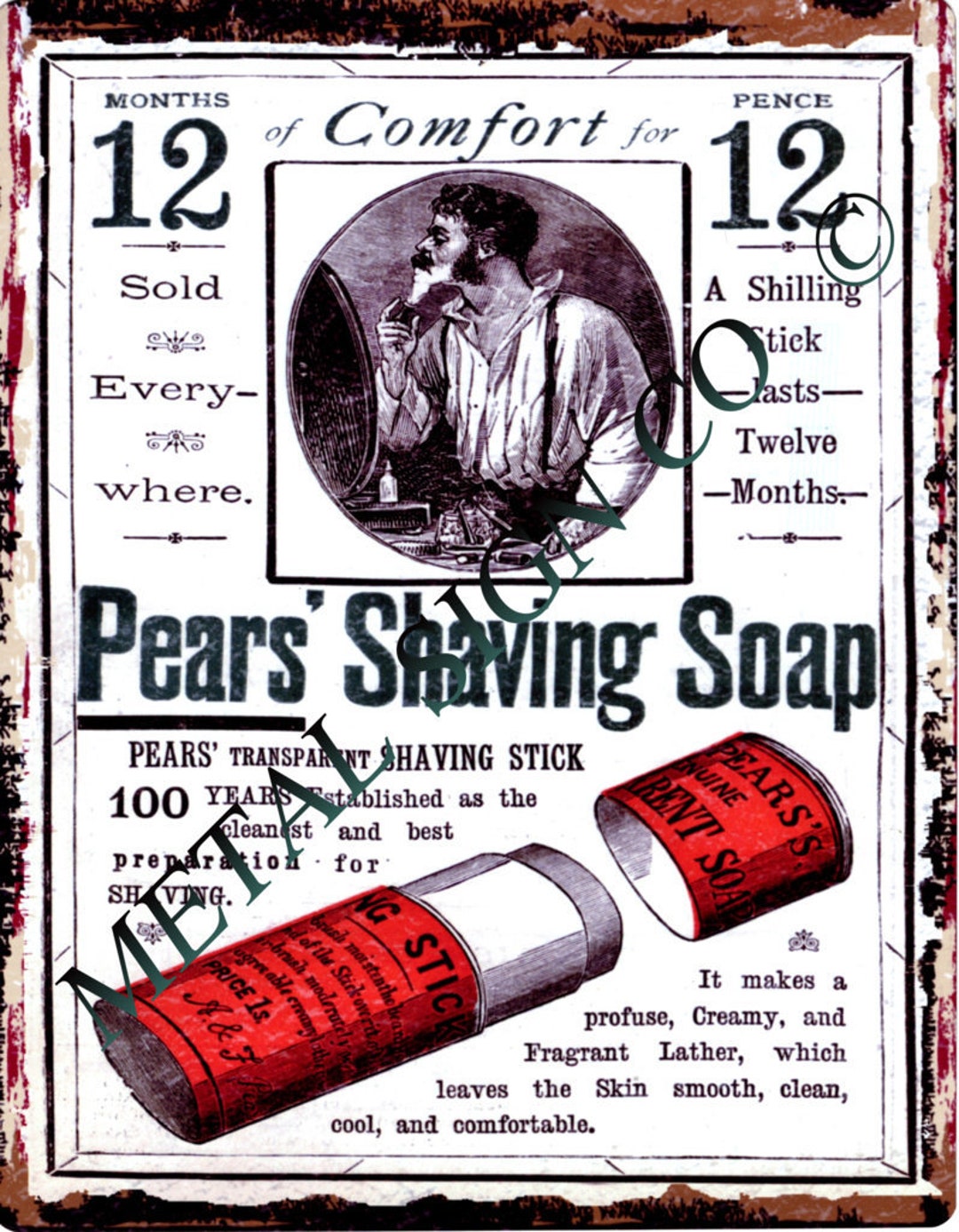 Pears Mens Shaving Soap Metal Wall Sign Barbers Bathroom Advert Cafe ...