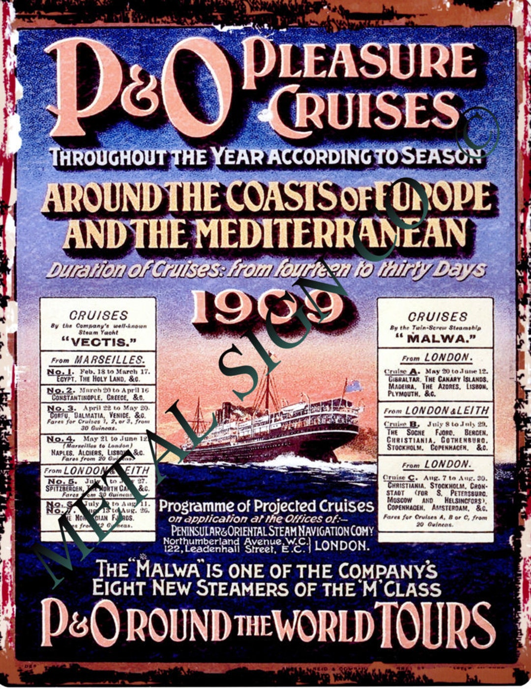 P&O Cruises 1909 Advert: Retro Metal Wall Sign - Etsy UK
