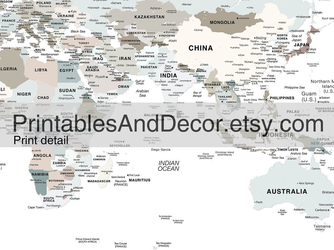 Printable World Map Neutral Blue Brown Detailed World Map | Etsy