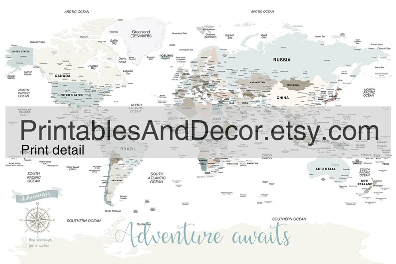 Printable World Map Neutral Blue Brown Detailed World Map | Etsy