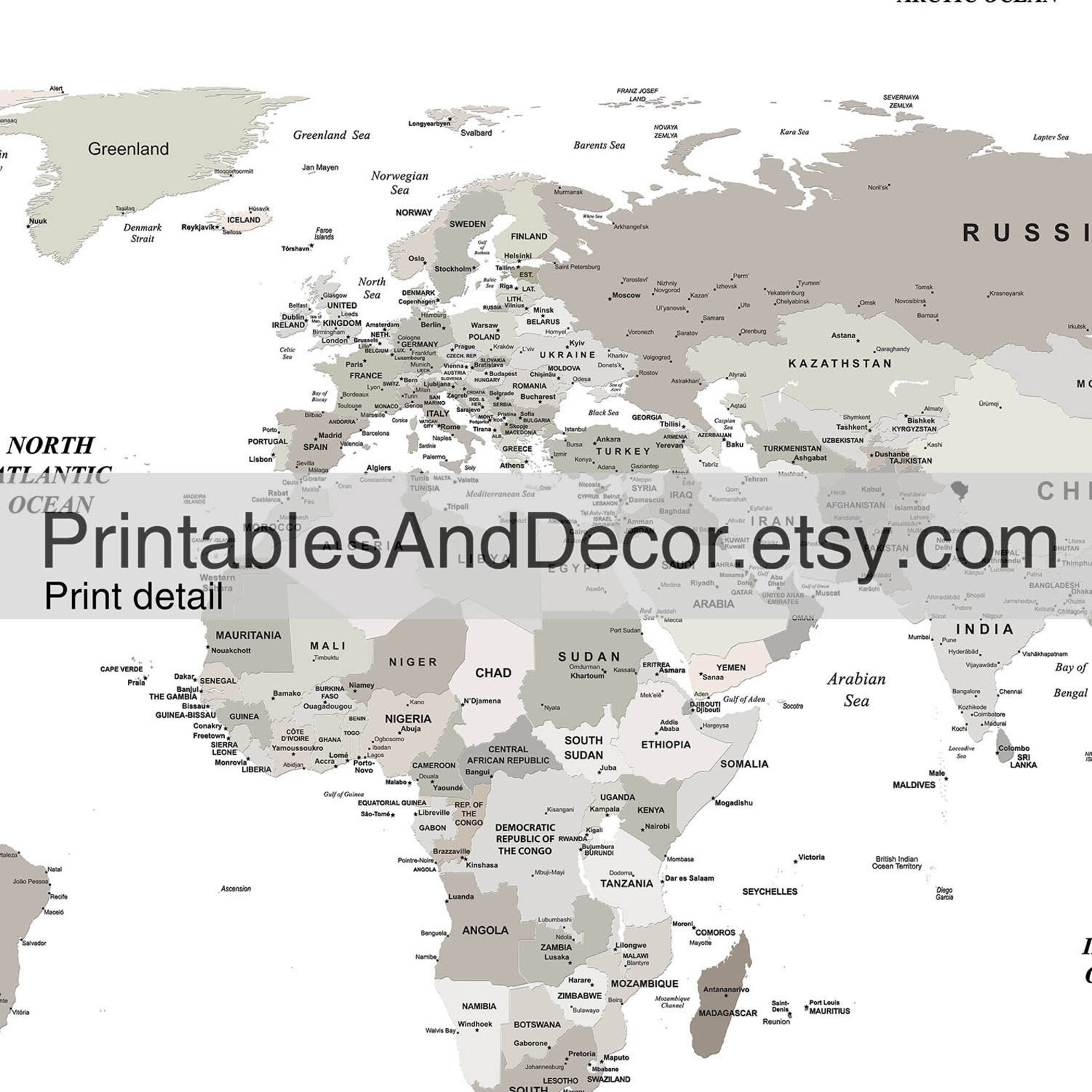 Printable World Map Beige World Map Neutral Large Detailed | Etsy