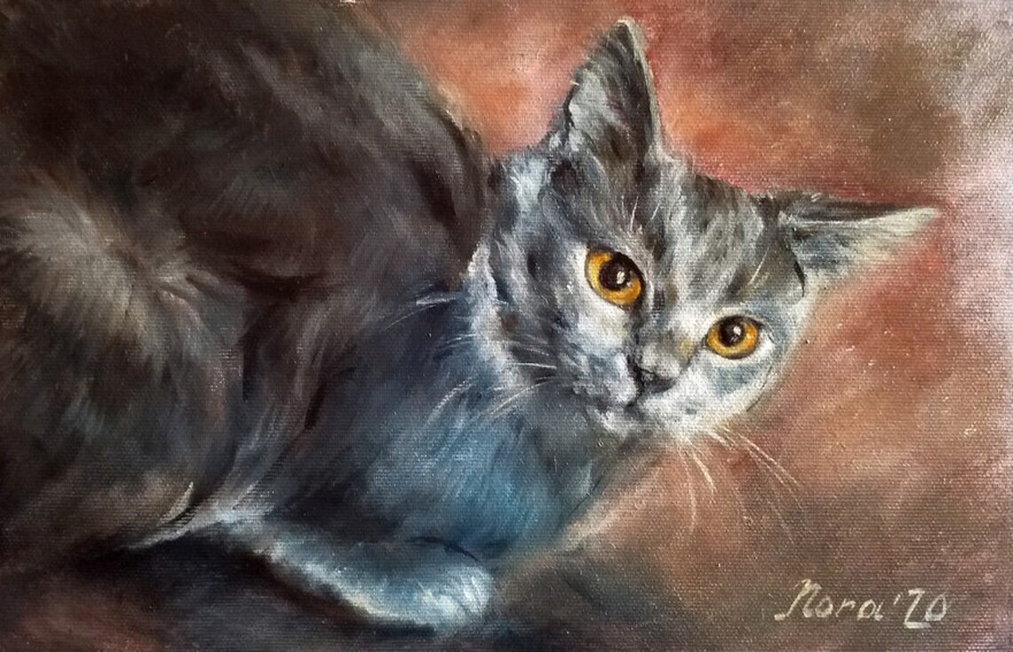 Grey cat portrait original oil on canvas painting unstretched | Etsy
