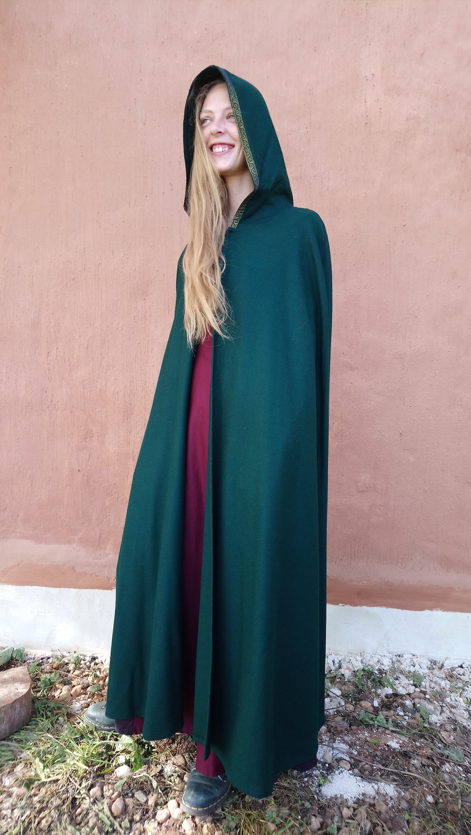 Long green cape with hood lined stripe or lace faux fur | Etsy