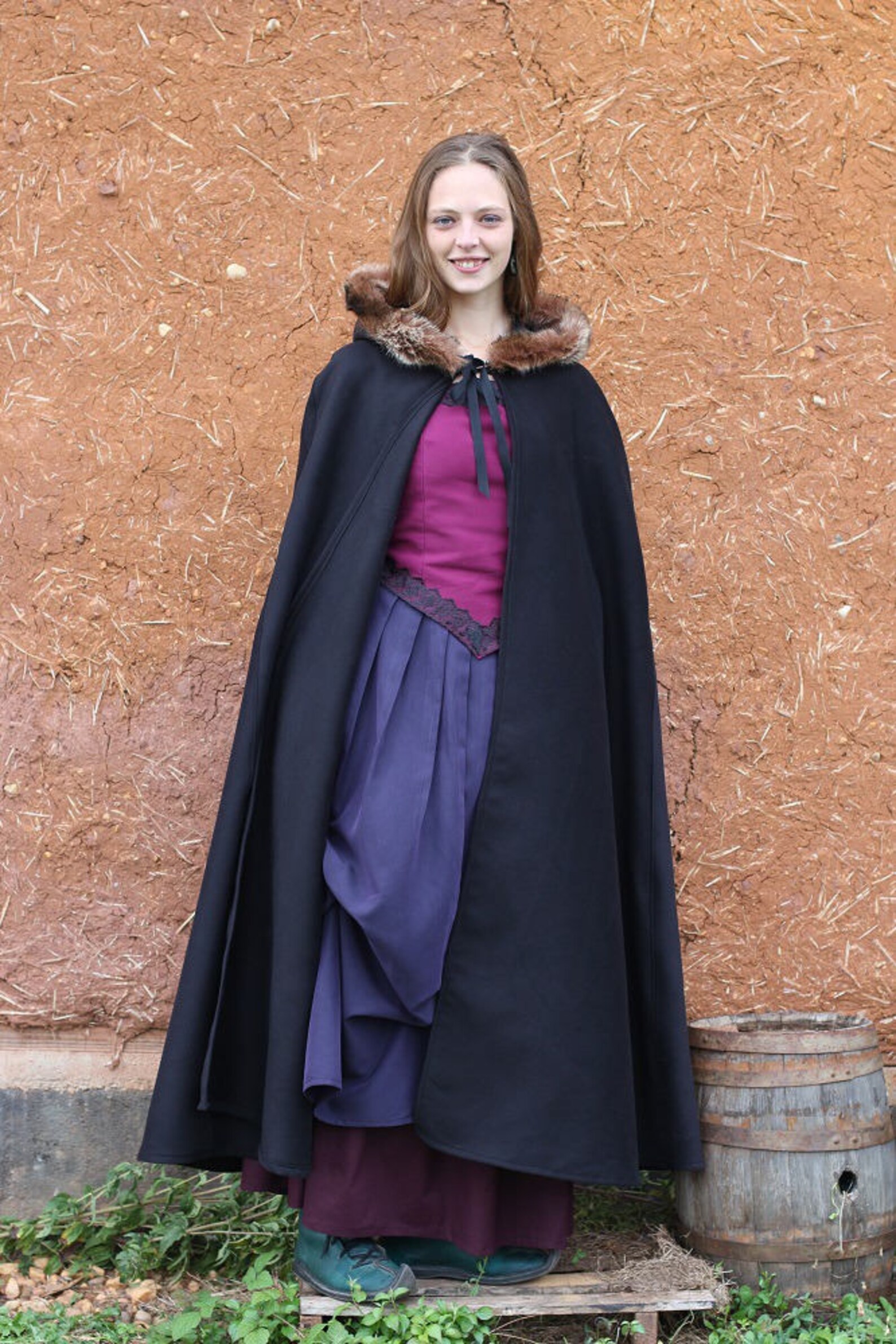 Long Black Cape With Hood Surrounded With Fake Fur (or Braid, Lace ...