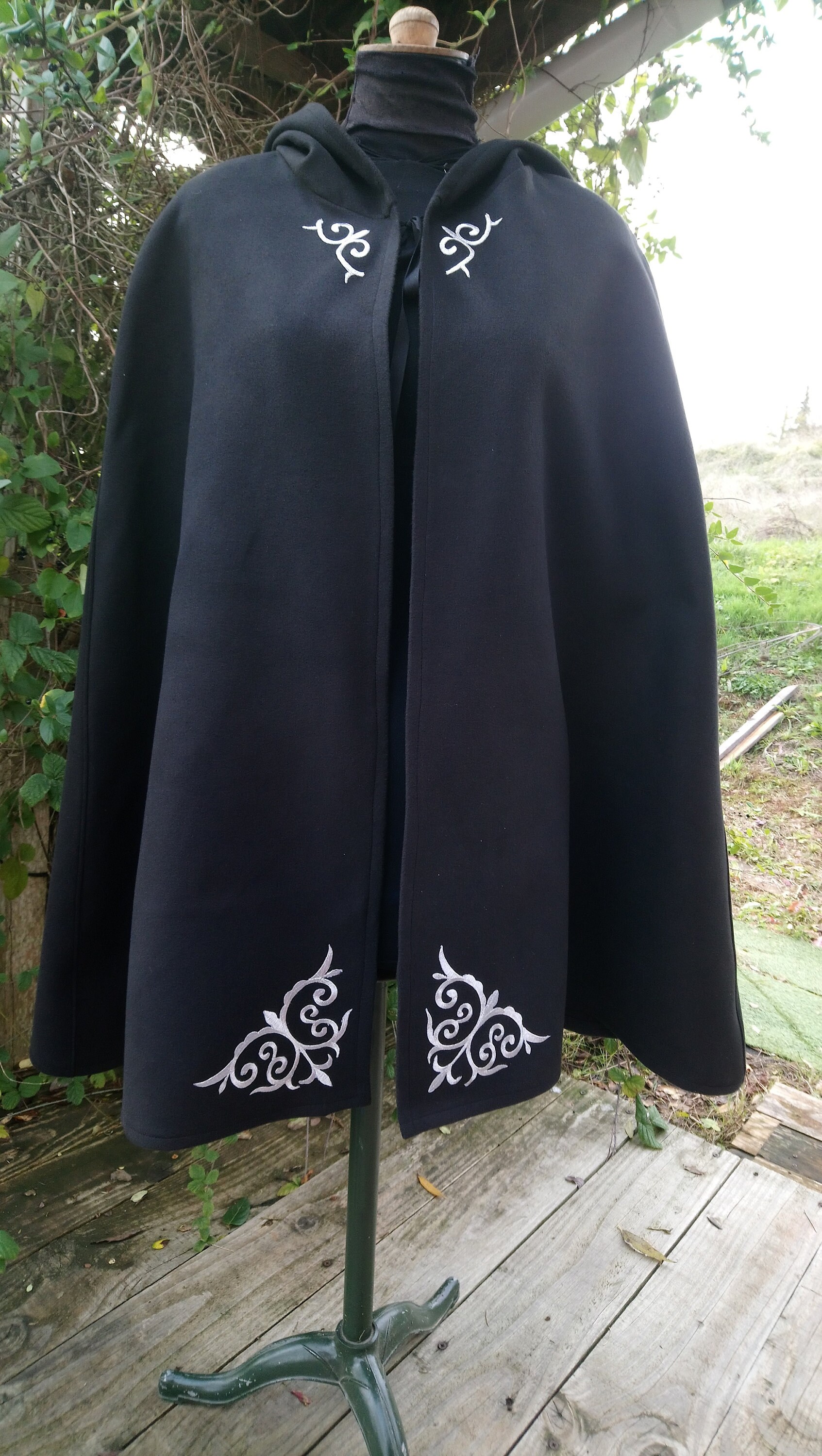Mid-length Black Cape With Hood and Silver Appliques Cape Diem - Etsy