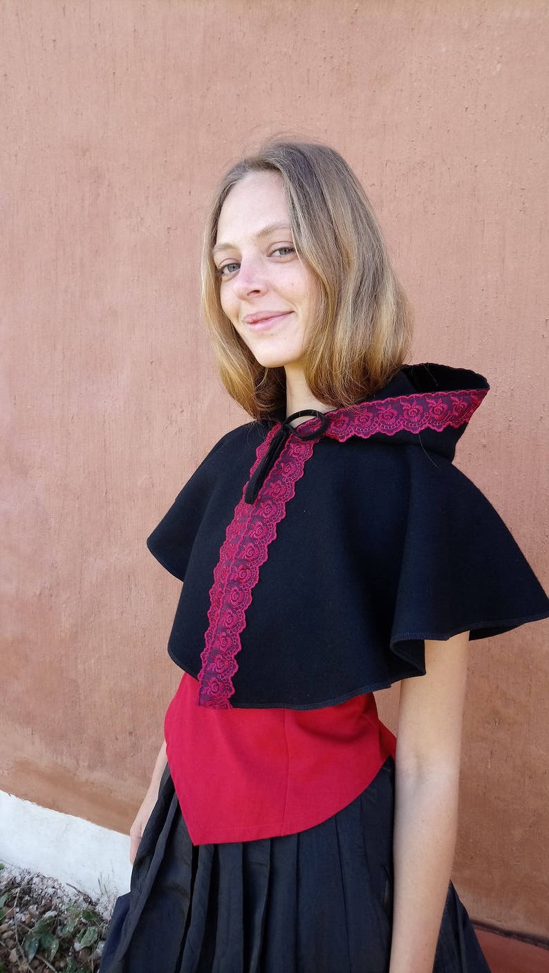 Black Capelet With Hood Trimmed With Red Lace or Braid Style Gothic ...