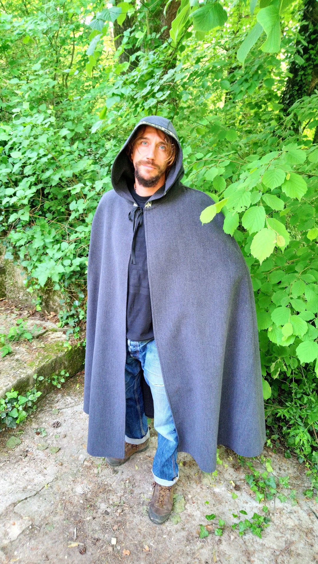 Long Grey Cape With Large Hood Trimmed With Braid Style Medieval, LARP ...