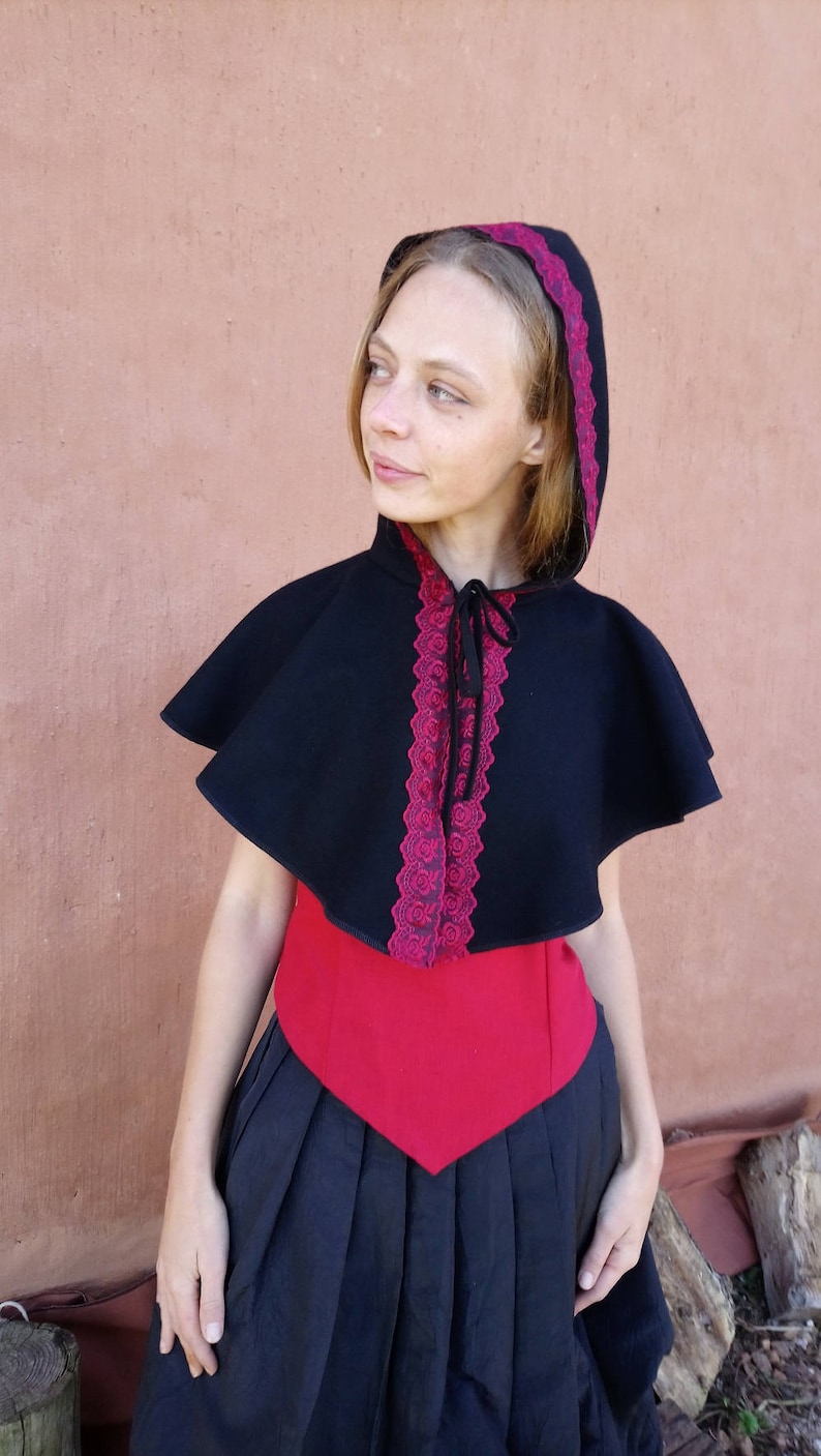 Black Capelet With Hood Trimmed With Red Lace or Braid Style Gothic ...