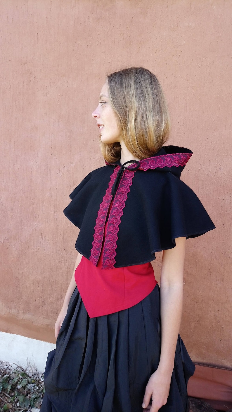 Black Capelet With Hood Trimmed With Red Lace or Braid Style Gothic ...