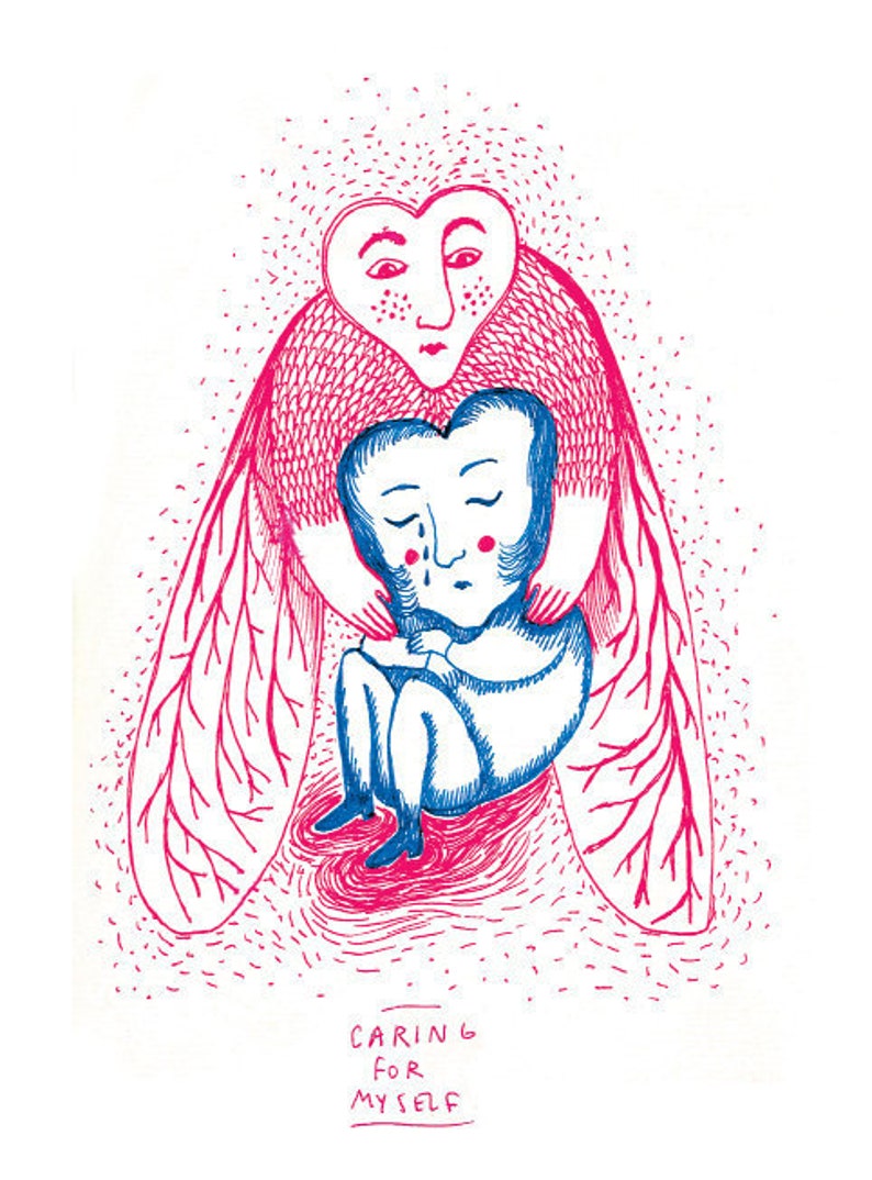 Caring for Myself, Illustration, Drawing, Print, Red, Blue, Higher Self ...