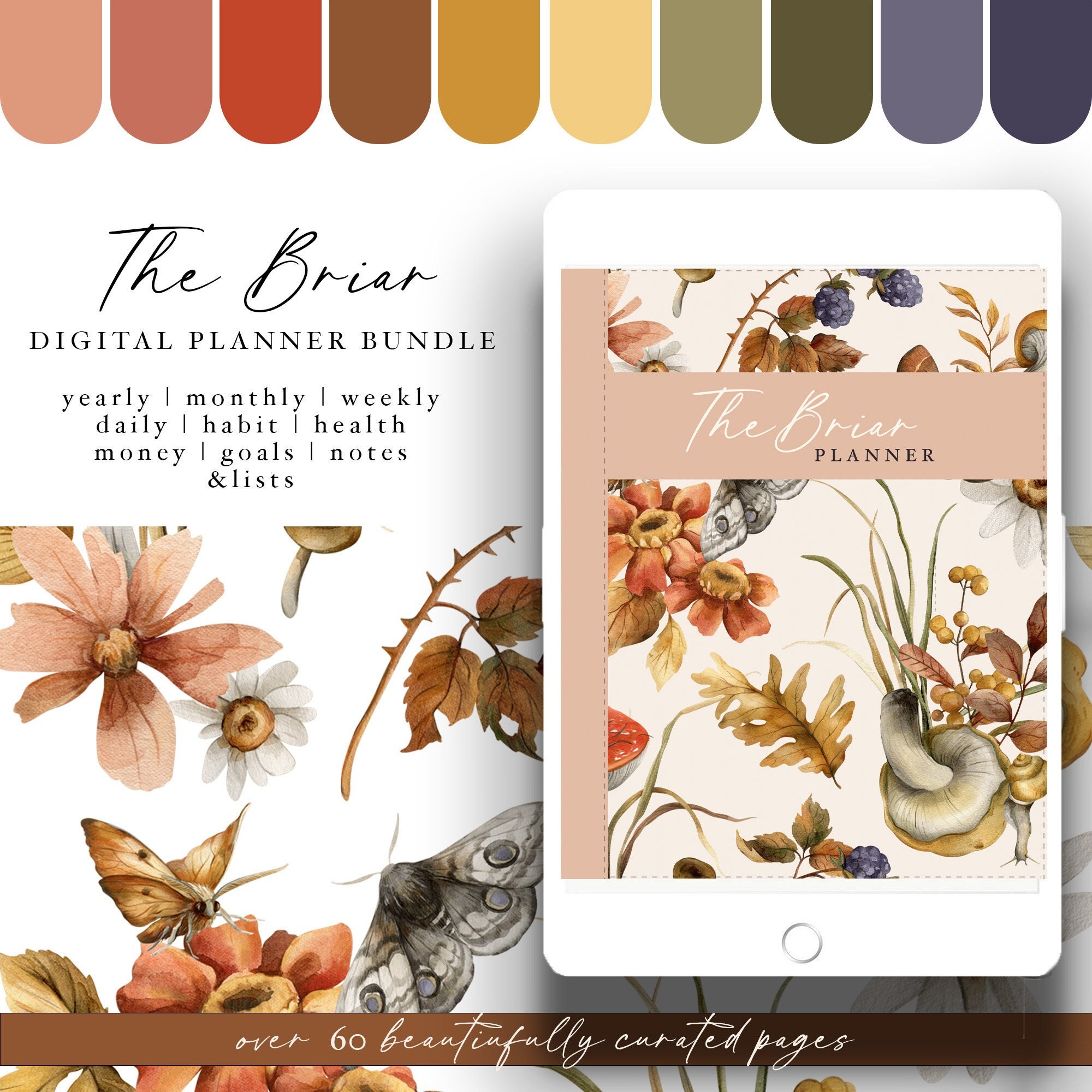 The Briar Digital Planner Bundle| Fully Editable| Mushroom Moth ...