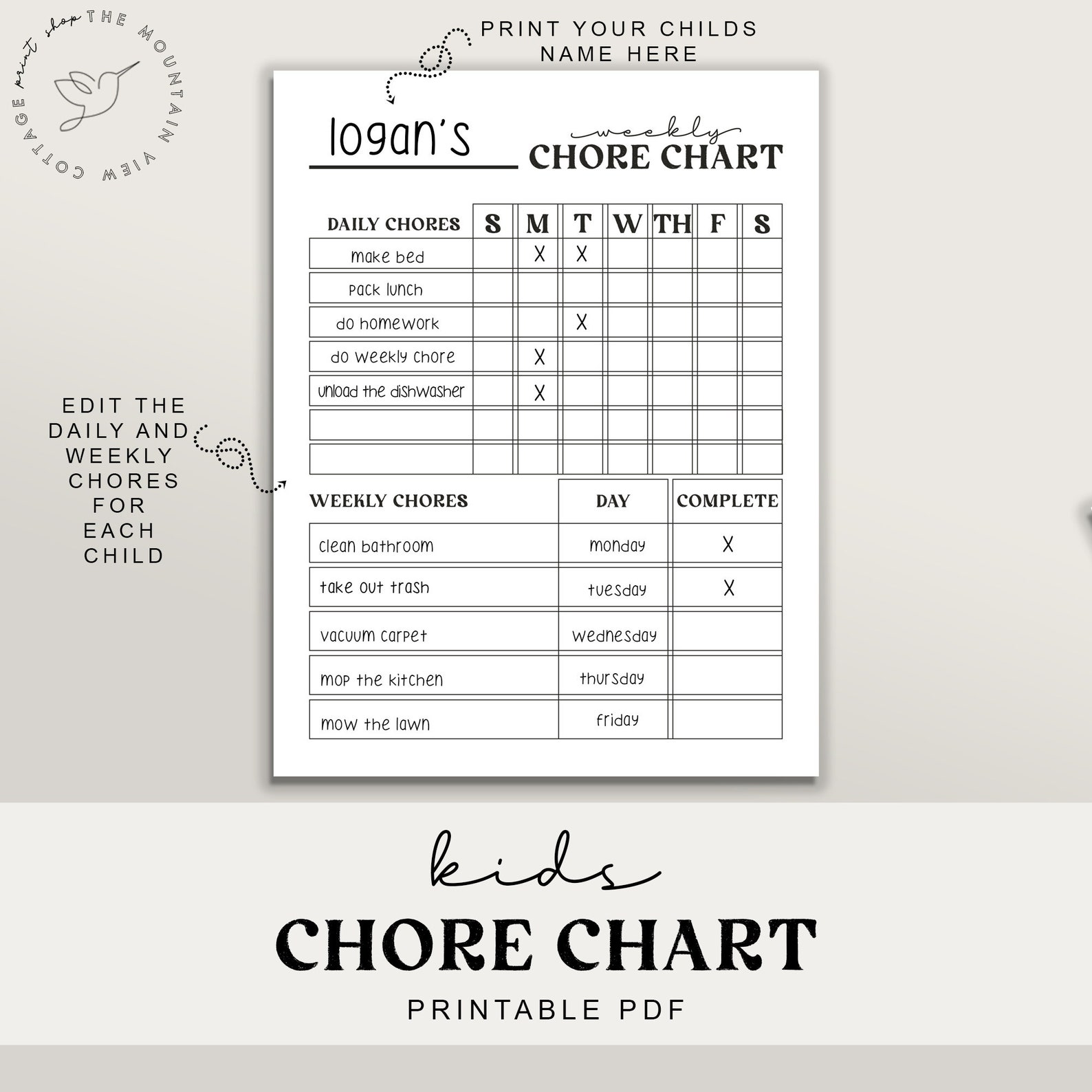 KIDS CHORE Chart Printable Daily Routine Chore Chart - Etsy