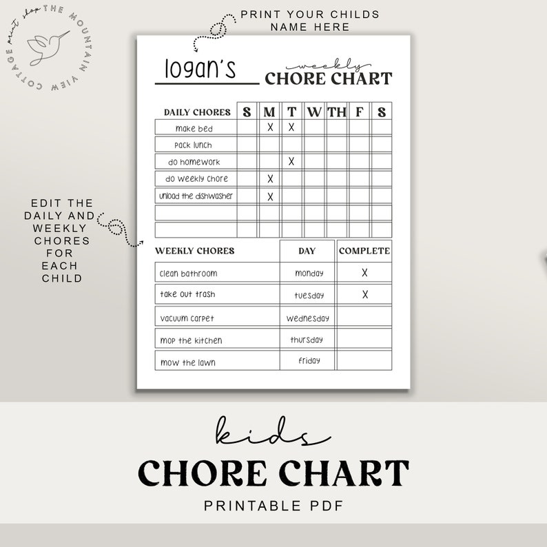 KIDS CHORE Chart Printable Daily Routine Chore Chart - Etsy