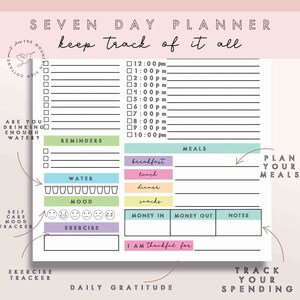 Printable 7 Day Planner, Daily Planner, Day Planner, Rainbow, Weekly ...
