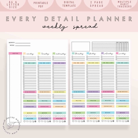 Every Detail Weekly Planner Kit RAINBOW Printable Week Plan | Etsy