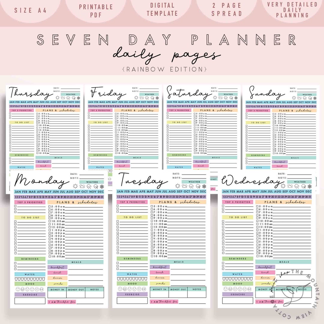 Printable 7 Day Planner, Daily Planner, Day Planner, Rainbow, Weekly ...
