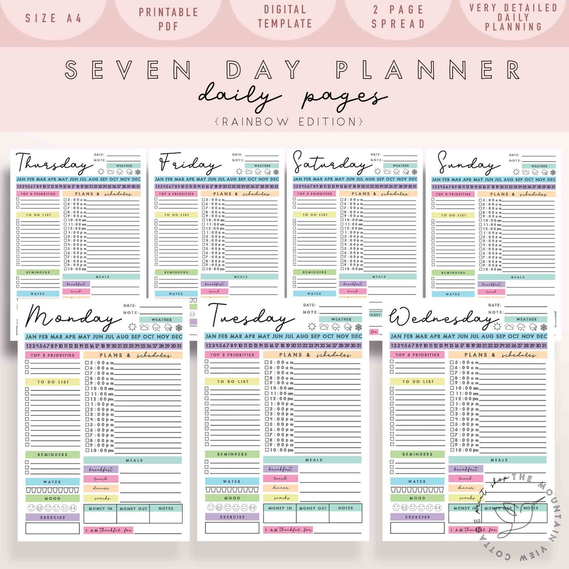 Printable 7 Day Planner Daily Planner Day Planner Rainbow | Etsy