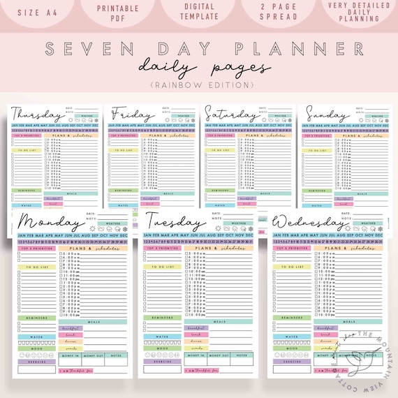 Printable 7 Day Planner Daily Planner Day Planner Rainbow | Etsy