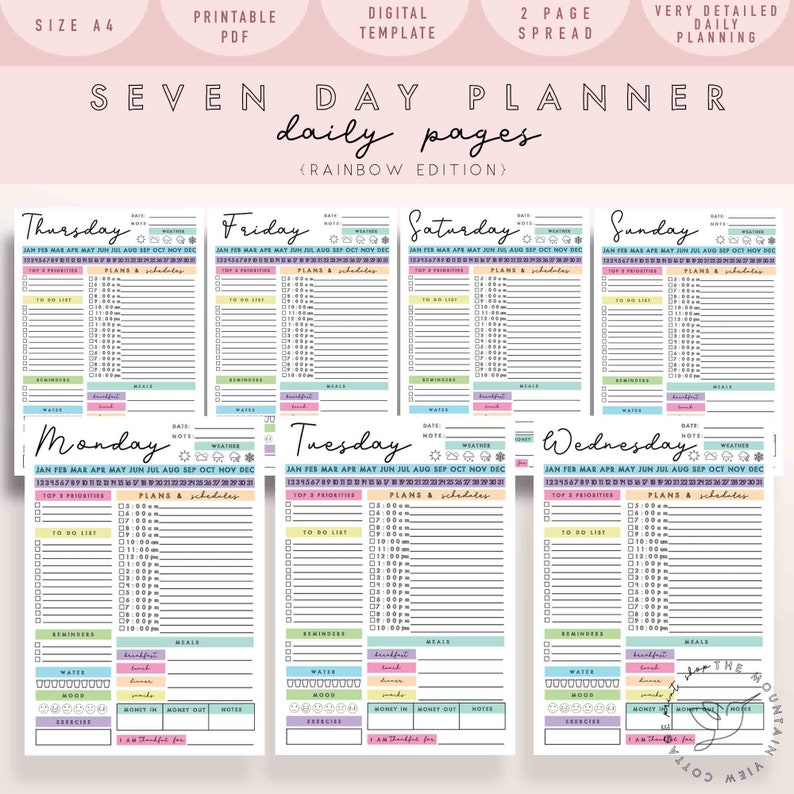 Printable 7 Day Planner, Daily Planner, Day Planner, Rainbow, Weekly ...