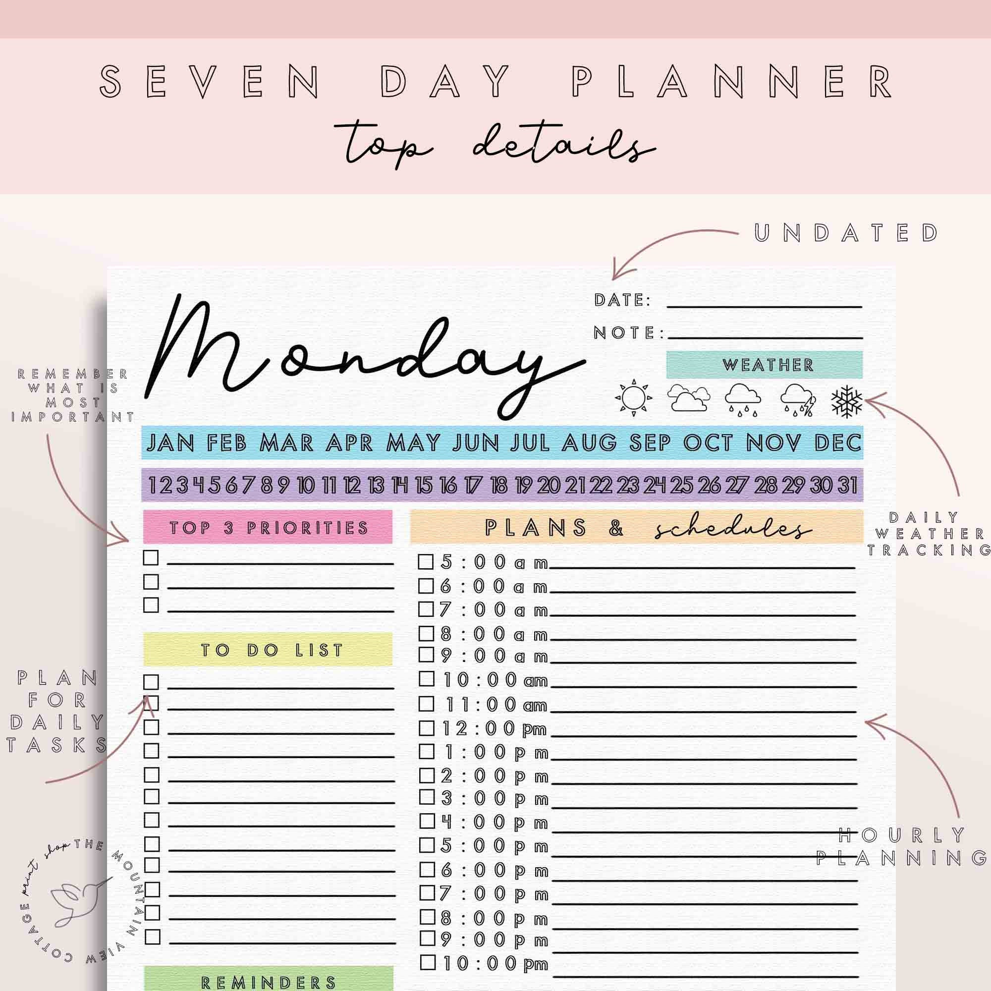 Printable 7 Day Planner Daily Planner Day Planner Rainbow | Etsy