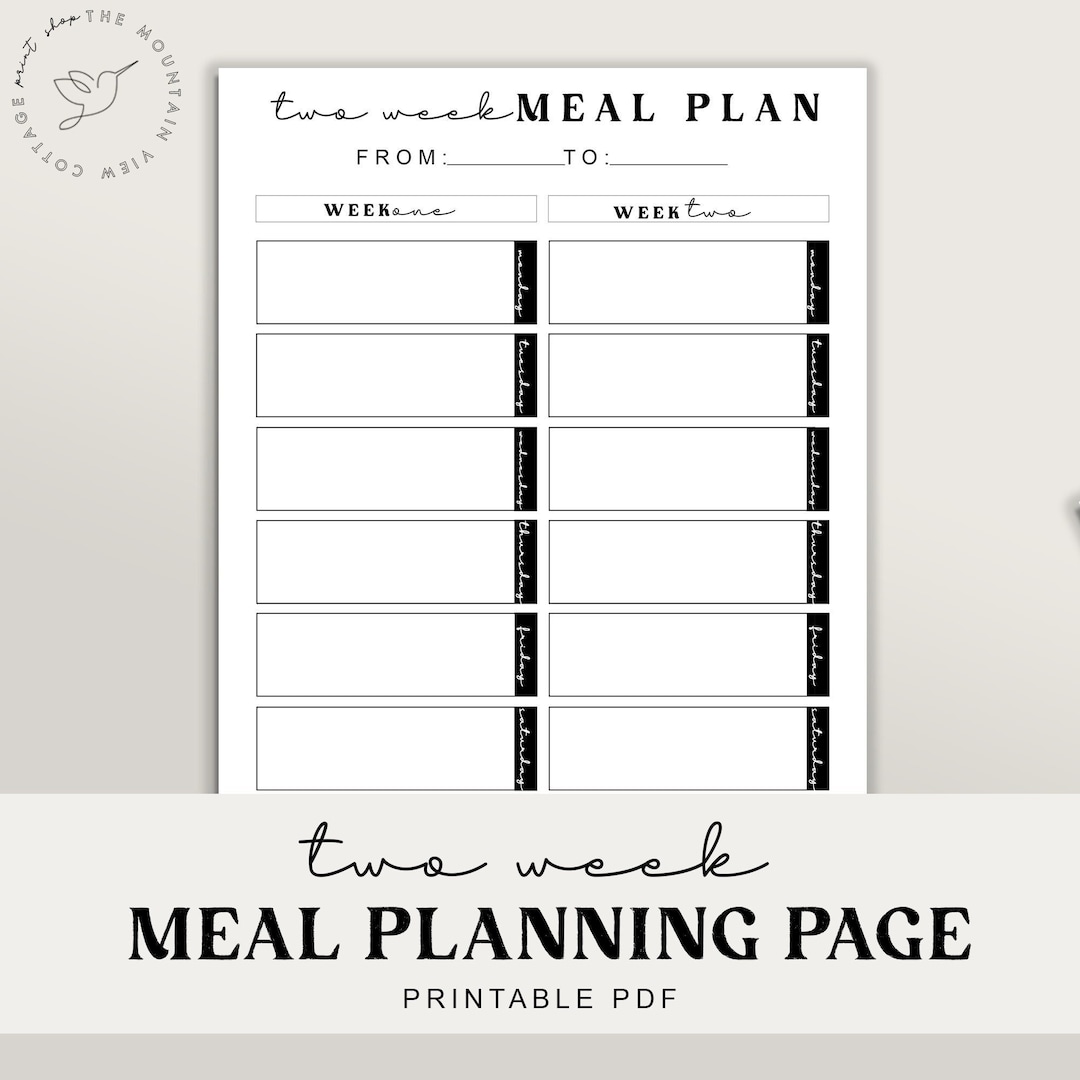TWO Week Meal Planner Printable | Black White| Shopping Grocery Food ...