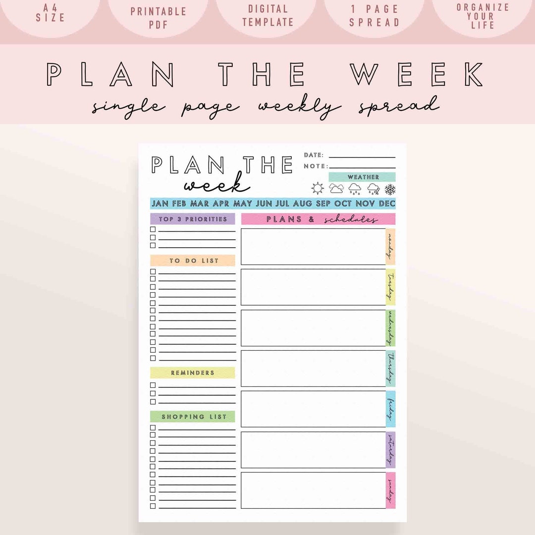 Plan the Week- Weekly Planner PRINTABLE - Weekly Organizer // A4 Weekly ...