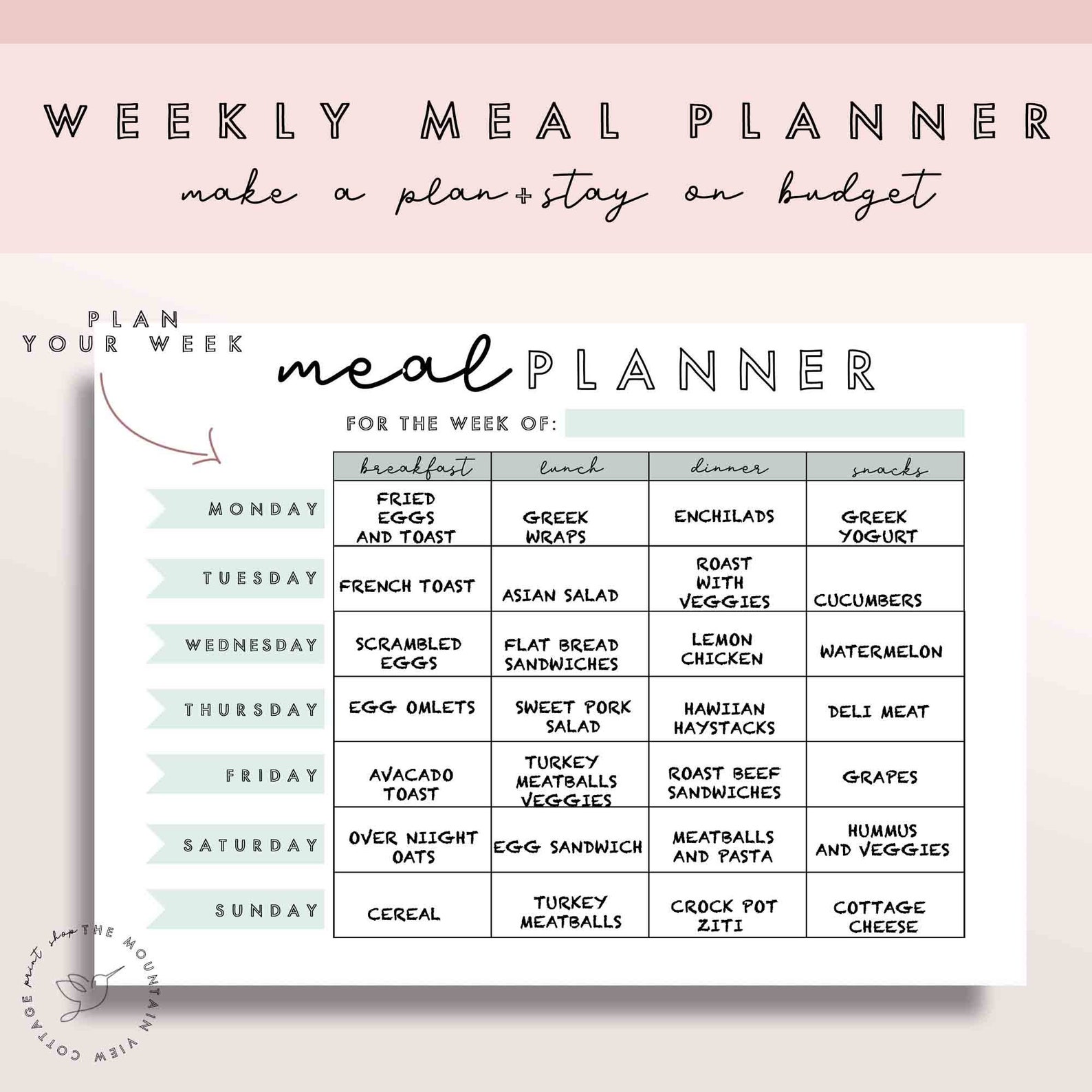 Weekly Meal Planner Printable Shopping Grocery Food List - Etsy