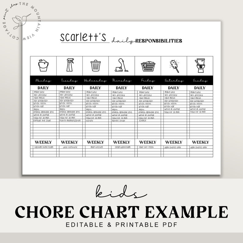 Kids CHORE Chart EDITABLE Printable Daily Routine Chore - Etsy
