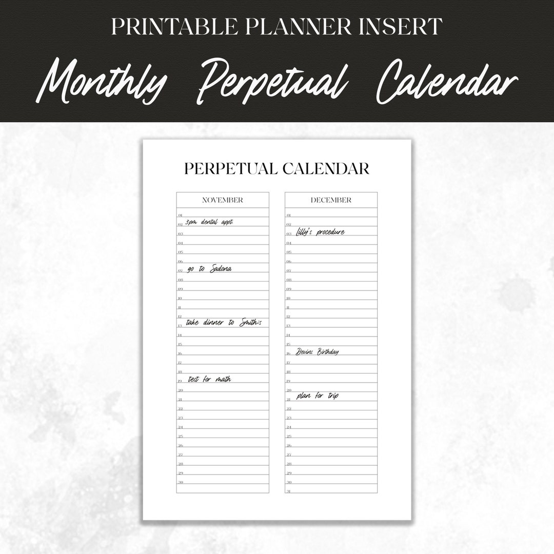 PLANNER INSERT Monthly Perpetual Calendar -standard Letter Size and A5 ...