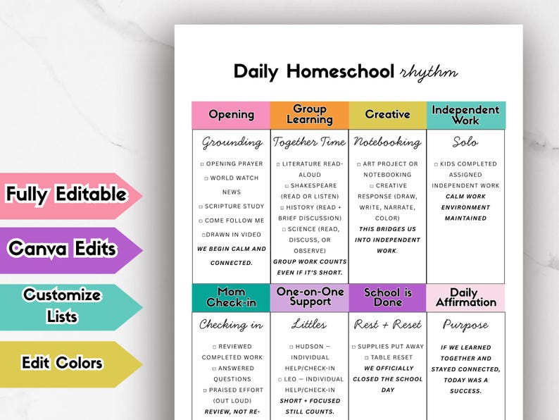 Daily Homeschool Rhythm Planner | Canva Editable Homeschool Schedule ...