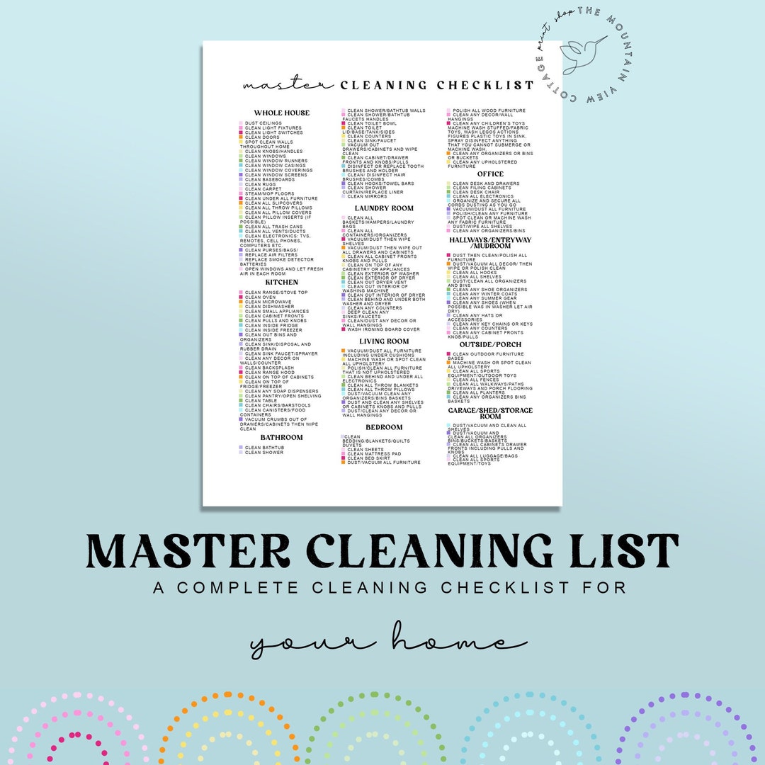 Master Cleaning Checklist- Cleaning Checklist Printable, Home Cleaning ...