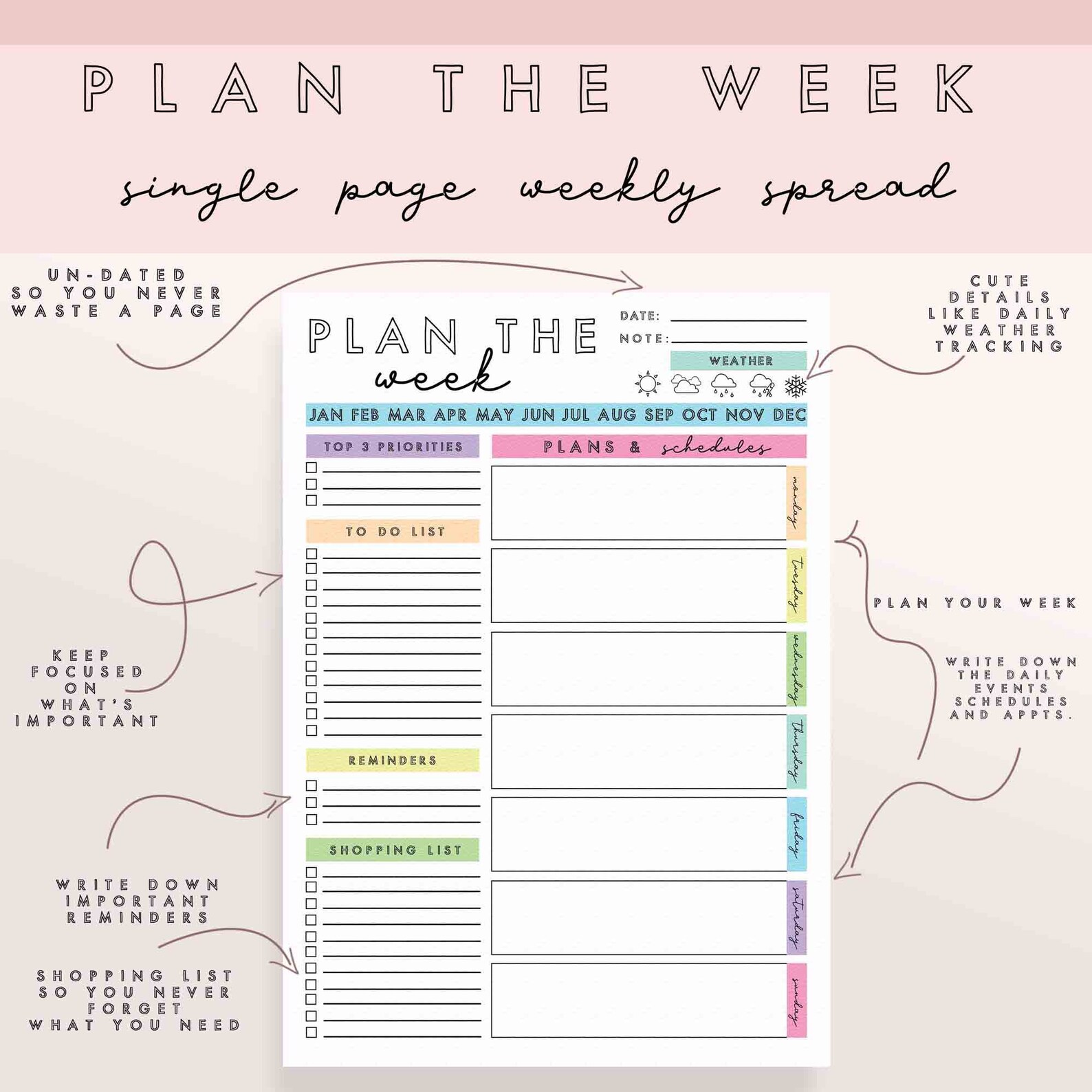 Plan the Week Weekly Planner PRINTABLE Weekly Organizer // - Etsy