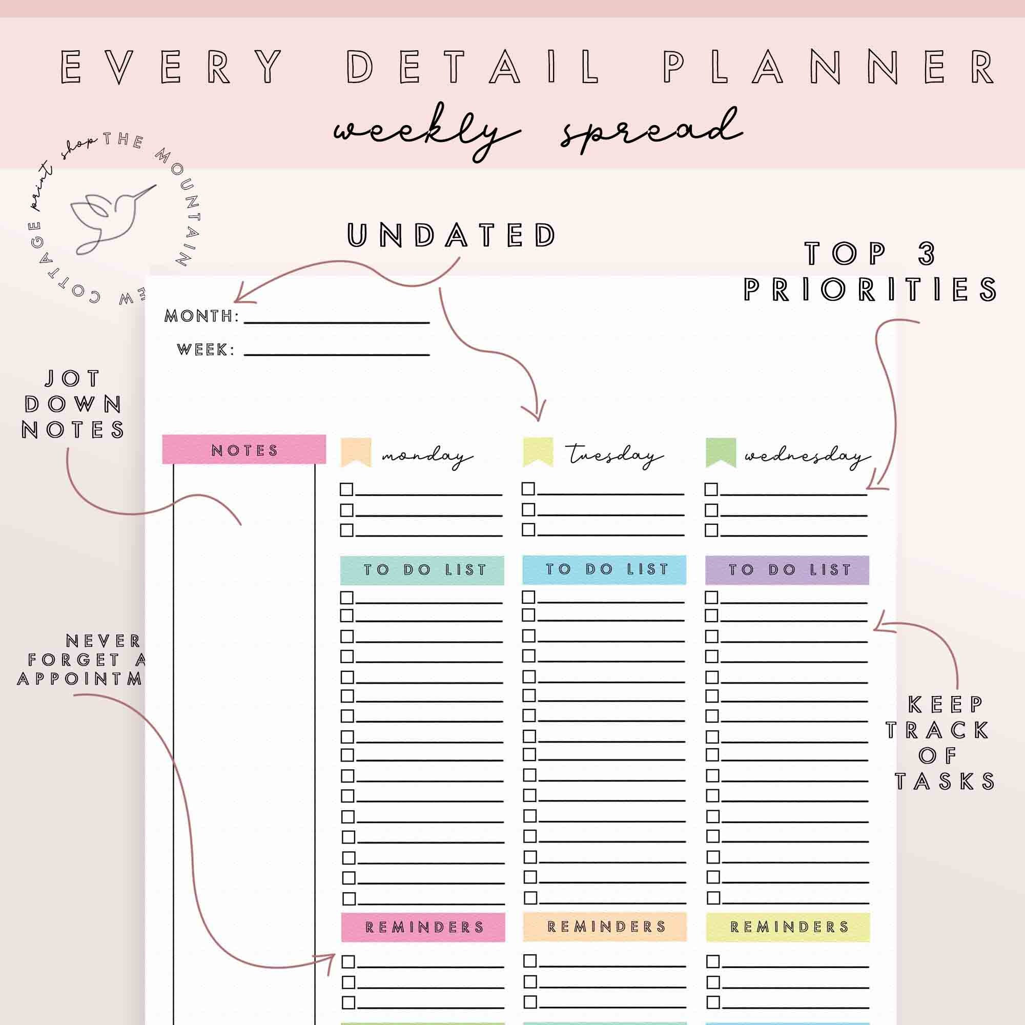 Every Detail Weekly Planner Kit RAINBOW Printable Week Plan - Etsy