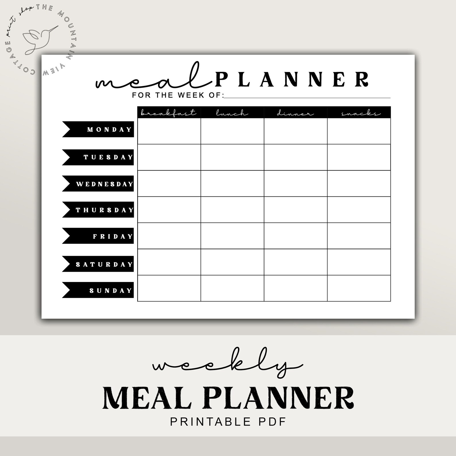BLACK and WHITE Weekly Meal Planner Printable | Shopping, Grocery, Food ...