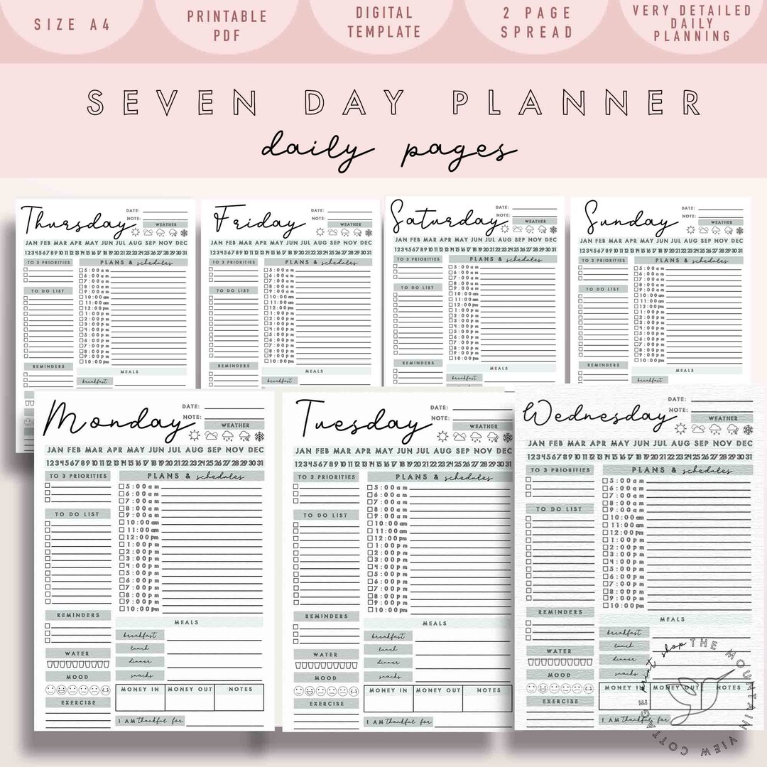 Printable 7 Day Planner Daily Planner Day Planner Work Planner Weekly ...