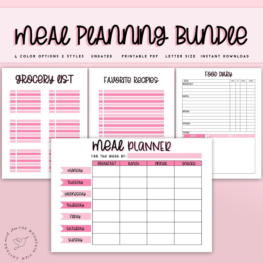 Meal Planner BUNDLE, PINK Weekly Food Diary, Meal Tracker Printable ...