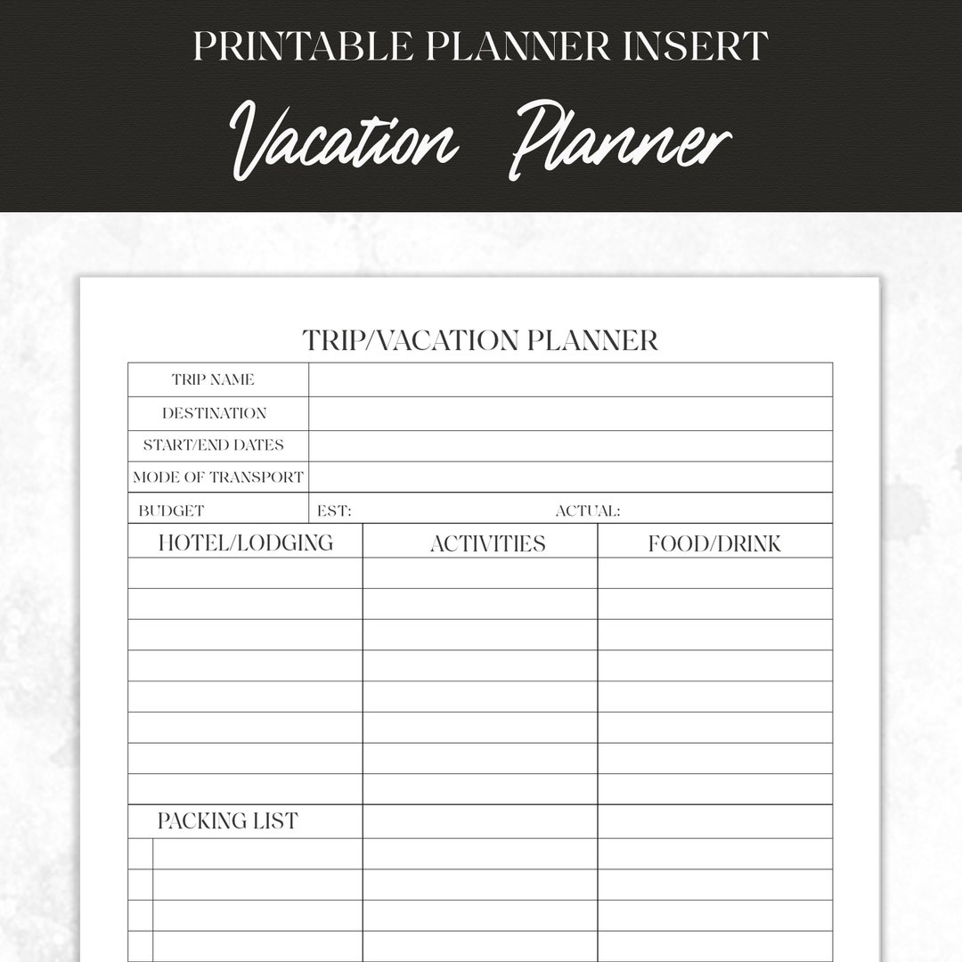 PLANNER INSERT Vacation Planner Insert -standard Letter Size and A5 ...