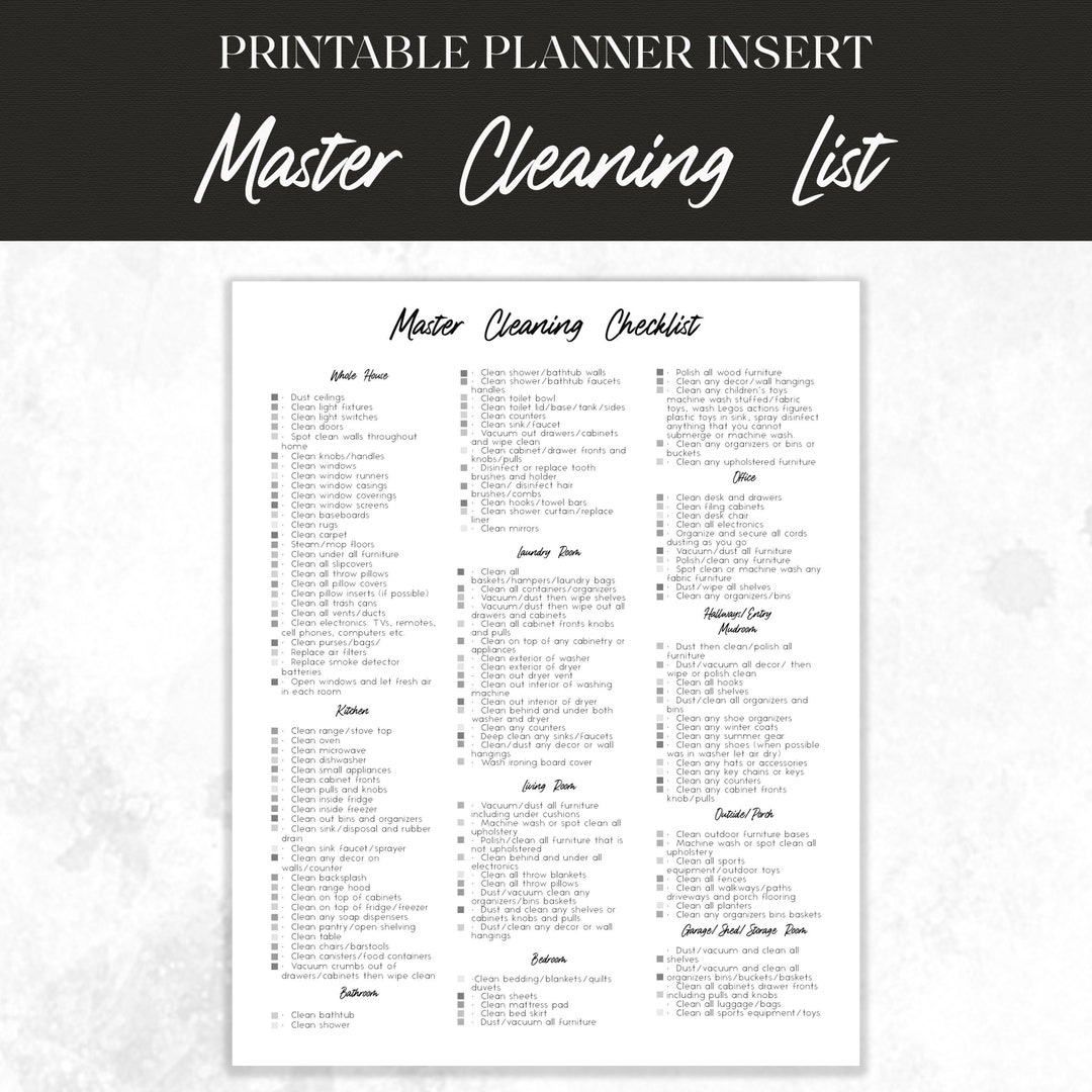 Master Cleaning Checklist A5 and Letter Size- Cleaning Checklist ...