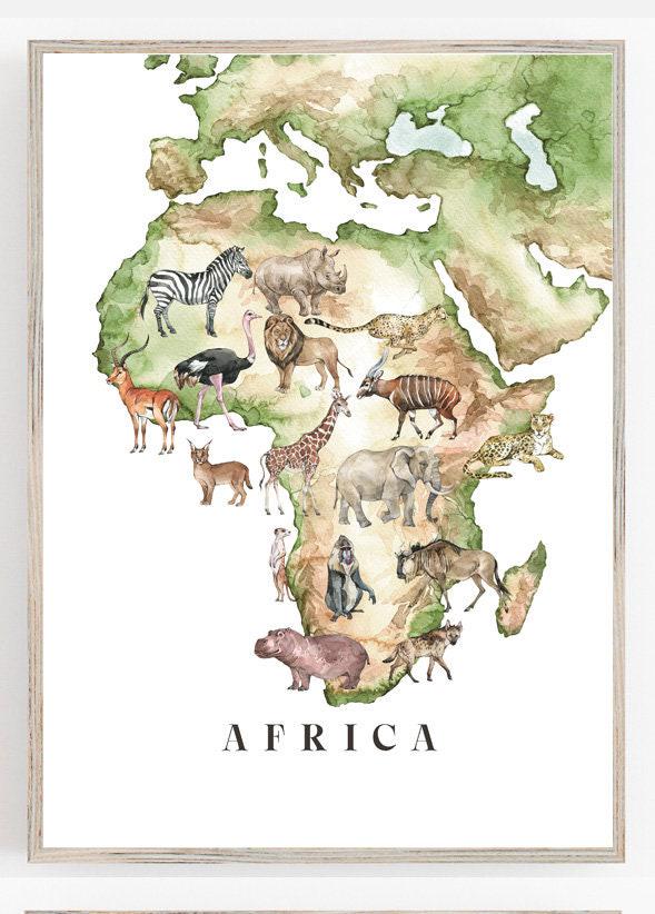 Africa Animal Map: Safari Nursery Decor (printable Digital Art) - Etsy