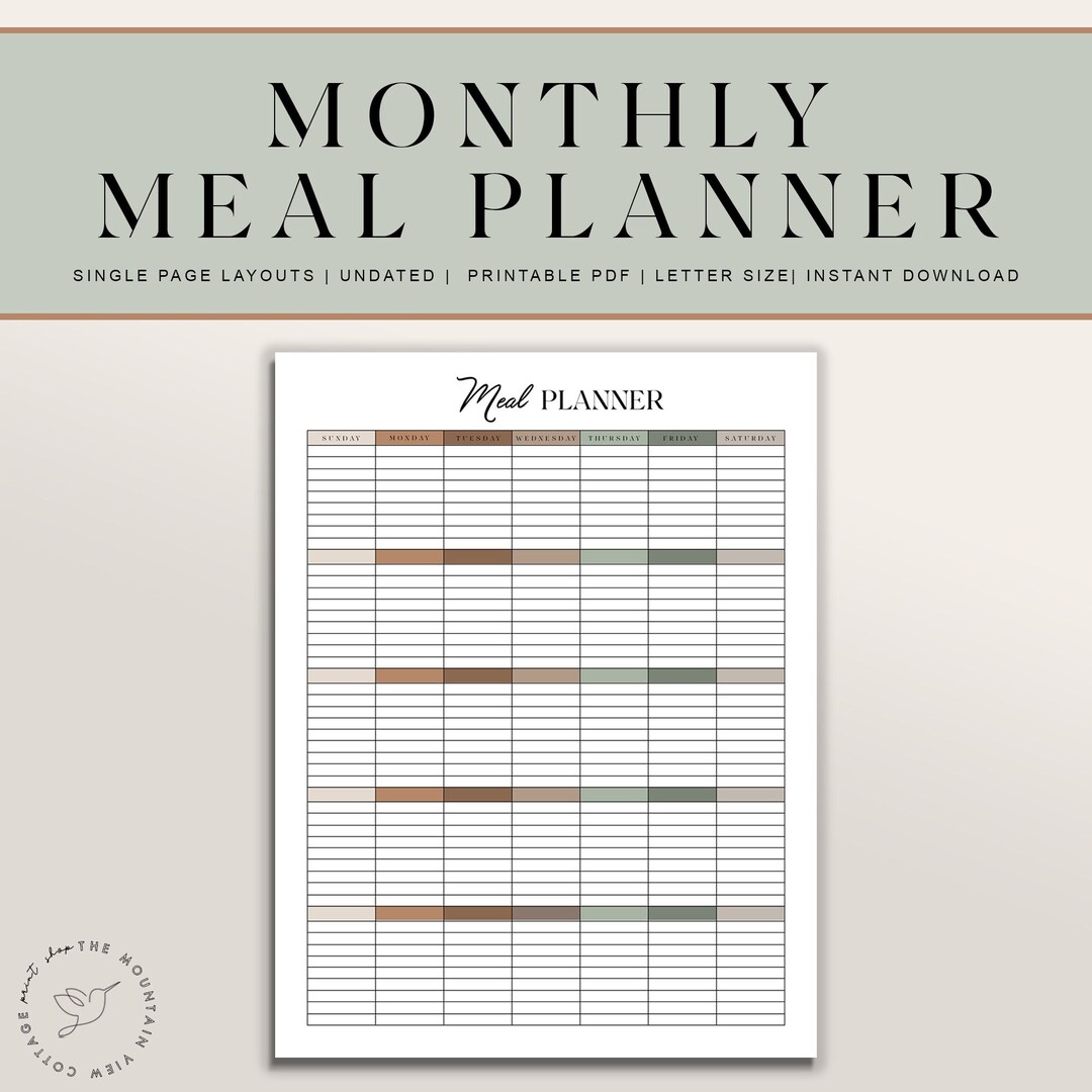 Monthly Meal Planner Printable | Shopping, Grocery, Food List | Planner ...