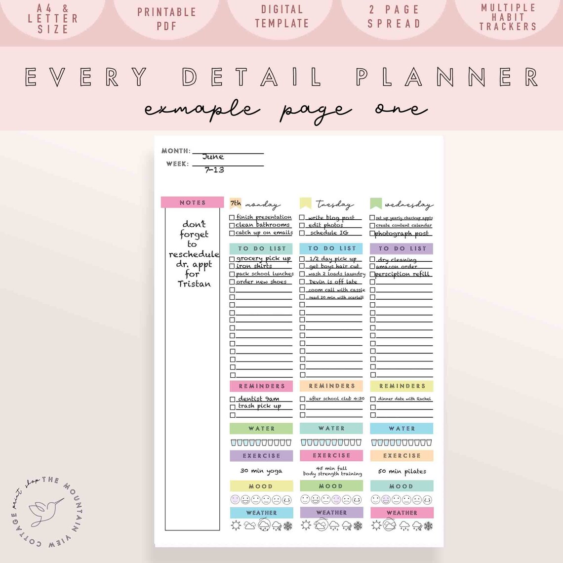 Every Detail Weekly Planner Kit RAINBOW Printable Week Plan | Etsy