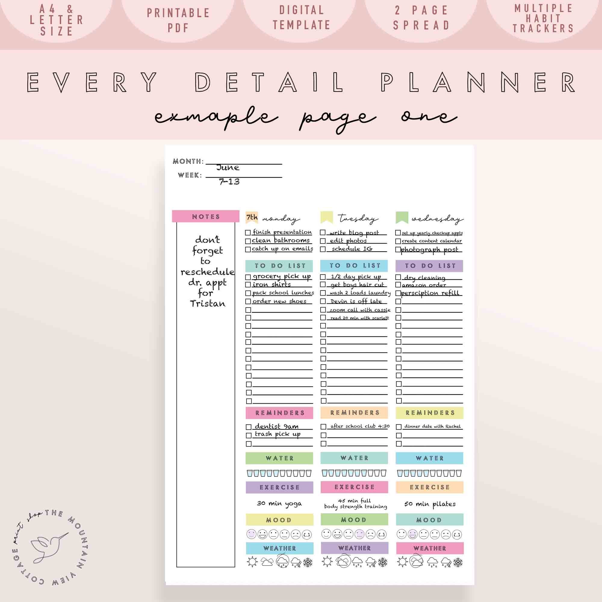 Every Detail Weekly Planner Kit RAINBOW Printable Week Plan | Etsy