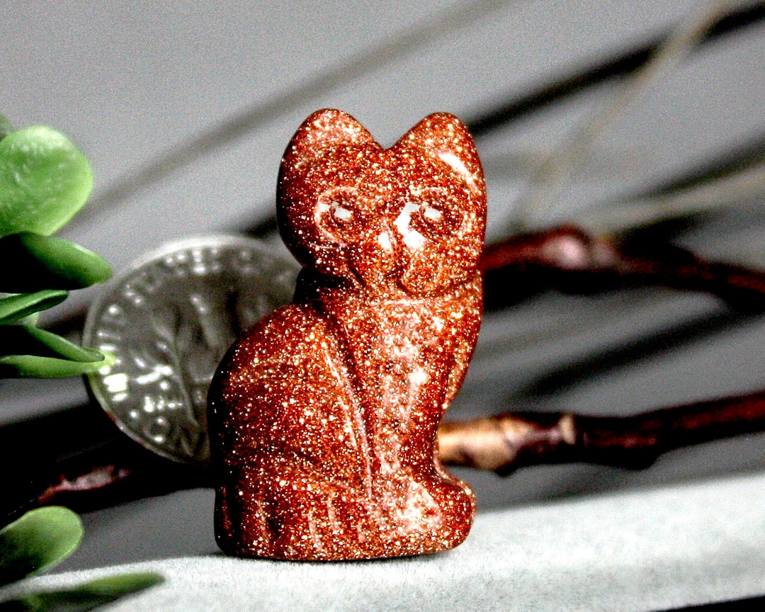 Hand Carved Goldstone Gem Cat Feline Animal Spirit Totem Fetish ...