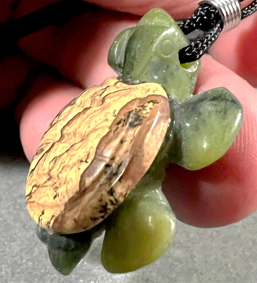 Picture Jasper Green Jade Good Luck Turtle Gemstone Figurine Black Cord ...