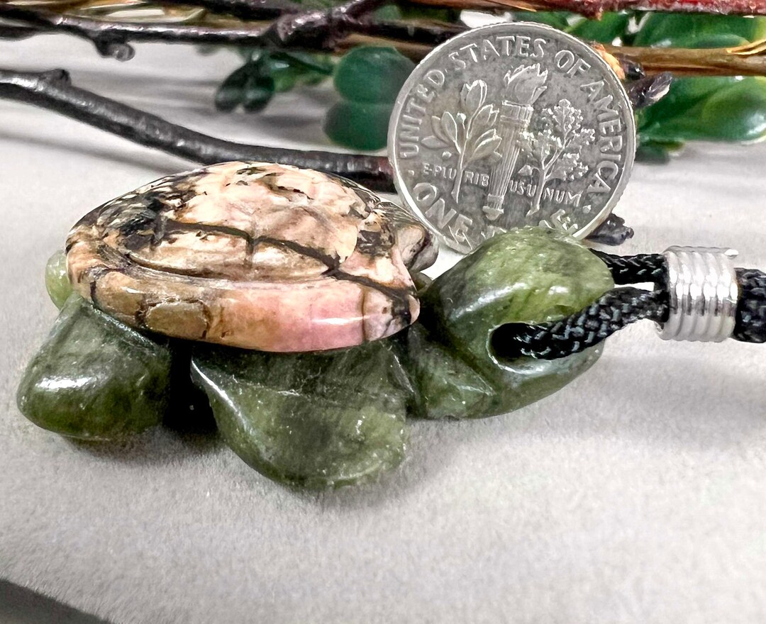 Hand Carved Turtle Rhodonite Jade Totem Stone Figurine Black Cord ...