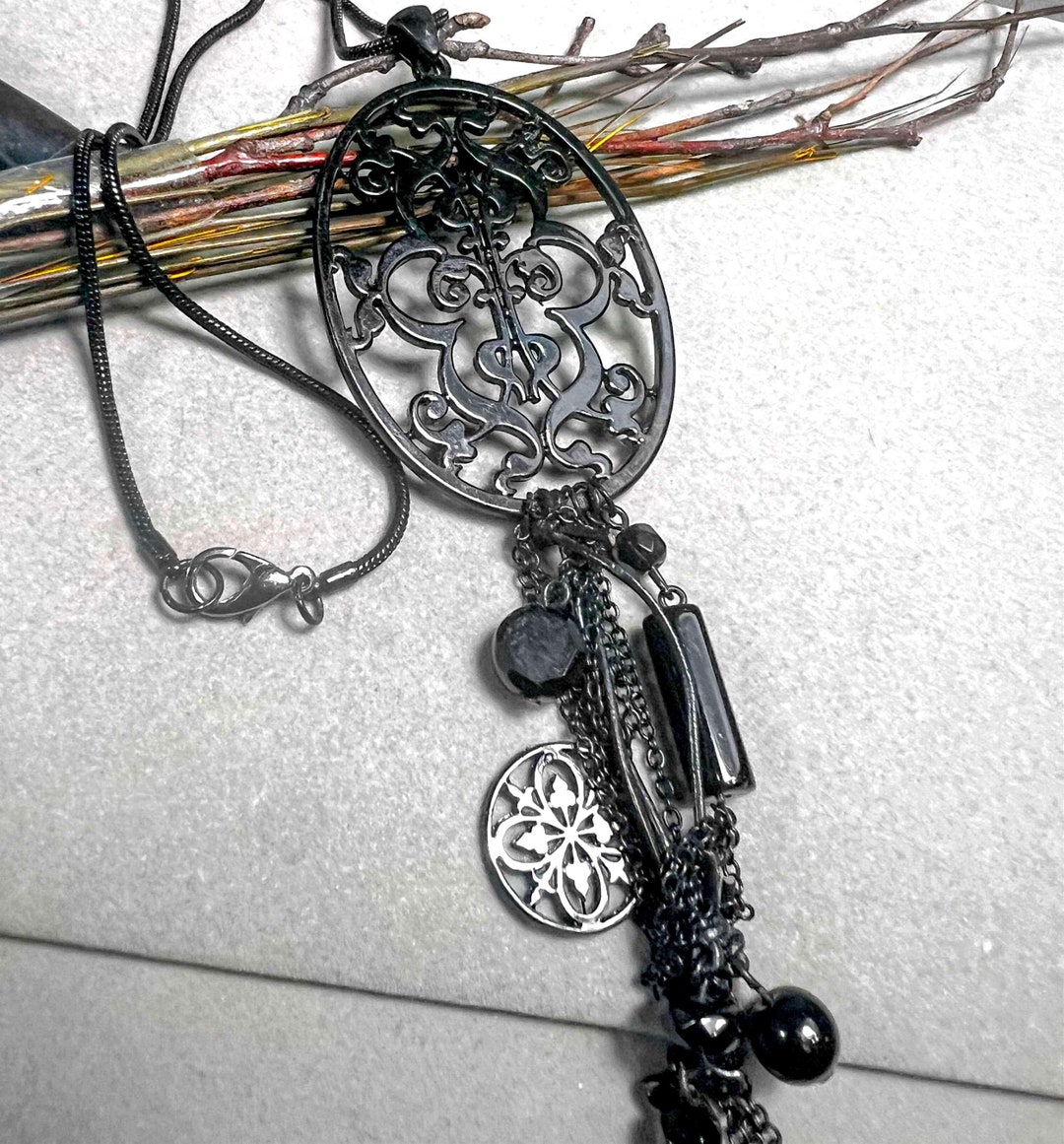 Oval Black Ornate Filagree Pendant 34" Necklace 6787 - Etsy