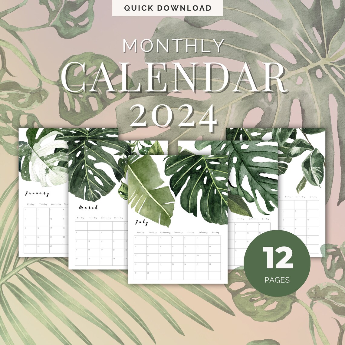Printable Monstera Watercolour Calendar 2024, Monthly Calendar With ...