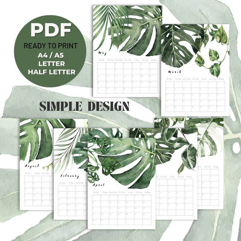 Printable Monstera Watercolour Calendar 2024, Monthly Calendar With ...