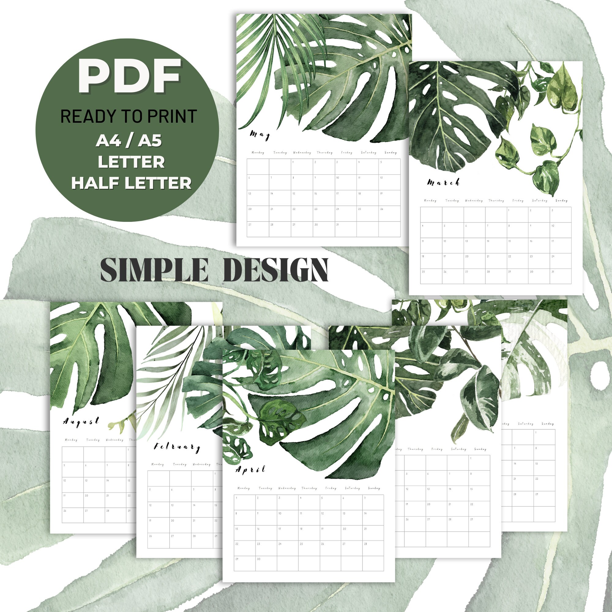 Printable Monstera Watercolour Calendar 2024, Monthly Calendar With ...